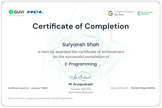 #programming #cprogramming #learning #guvi #hcl #techskills | Suryansh Shah #programming #cprogramming #learning #guvi #hcl #techskills | Suryansh Shah