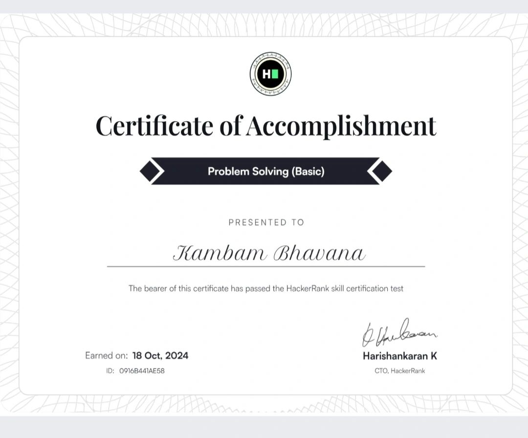 HackerRank Problem Solving(Basic) Certification 💫 | Kambam Bhavana HackerRank Problem Solving(Basic) Certification 💫 | Kambam Bhavana