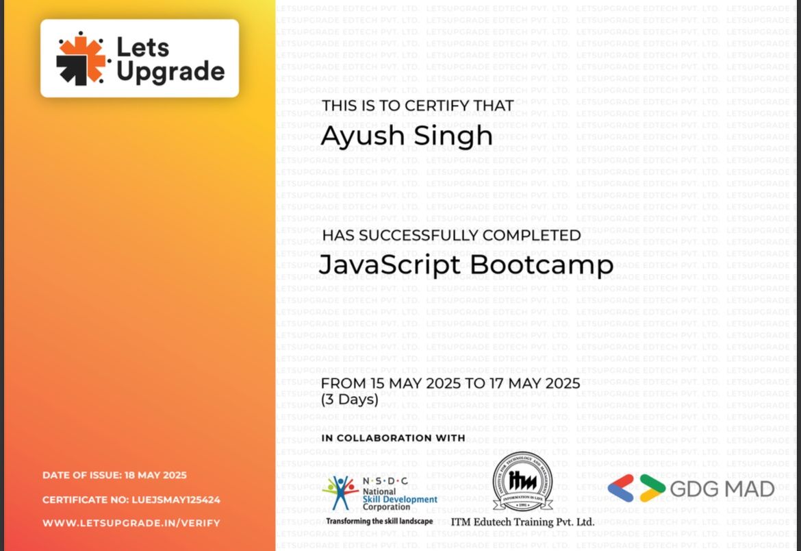 Completed JavaScript Bootcamp with LetsUpgrade | Ayush Singh posted on ... Completed JavaScript Bootcamp with LetsUpgrade | Ayush Singh posted on ...