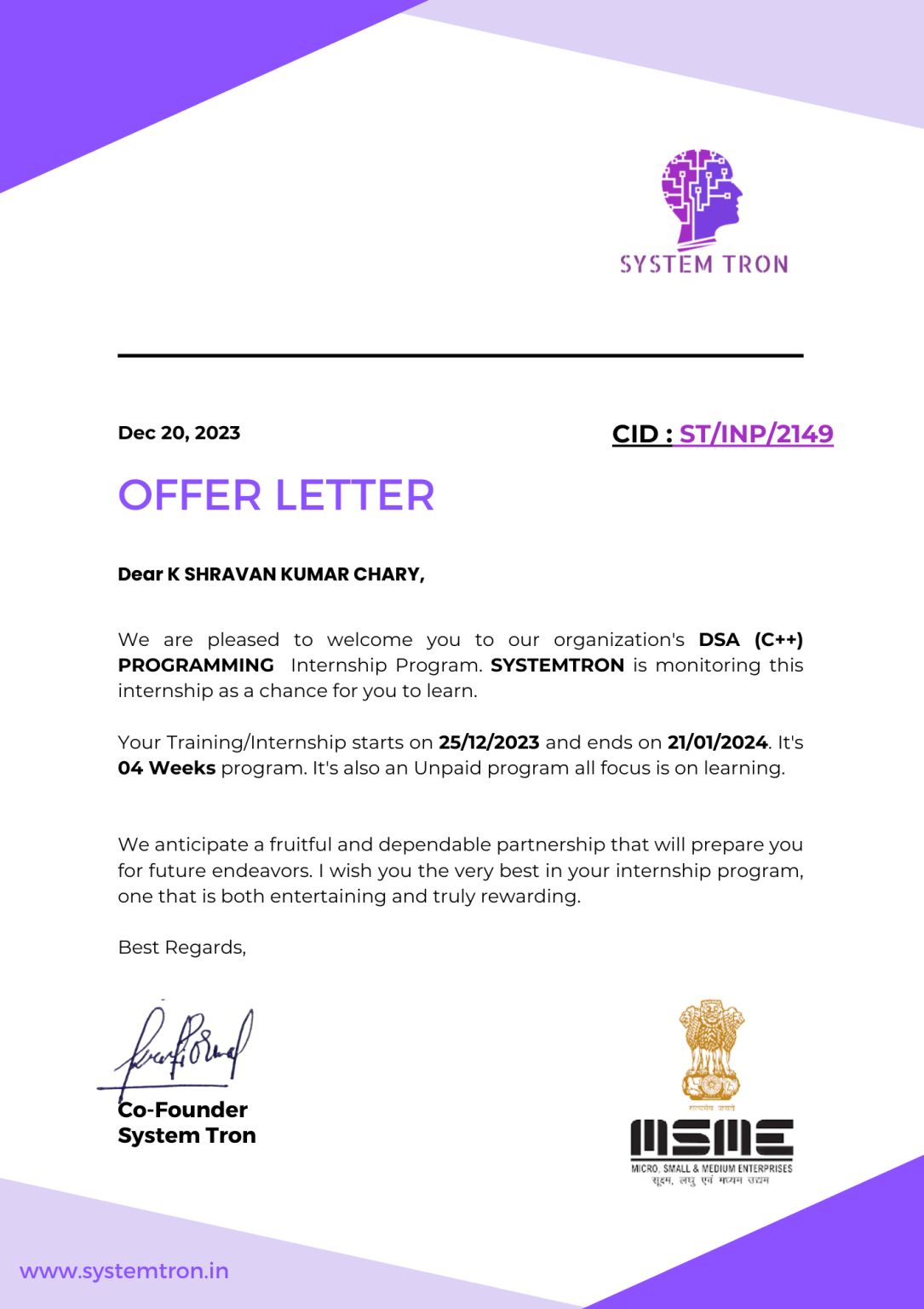 Shravan Kumar on LinkedIn: #internship #dsa #systemtron # ... Shravan Kumar on LinkedIn: #internship #dsa #systemtron # ...