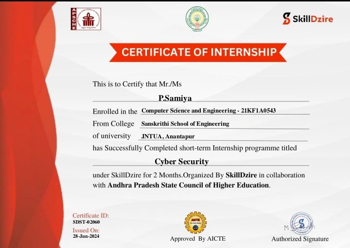 Peruru Samiya on LinkedIn: #cybersecurity #internship #skilldzire # ... Peruru Samiya on LinkedIn: #cybersecurity #internship #skilldzire # ...