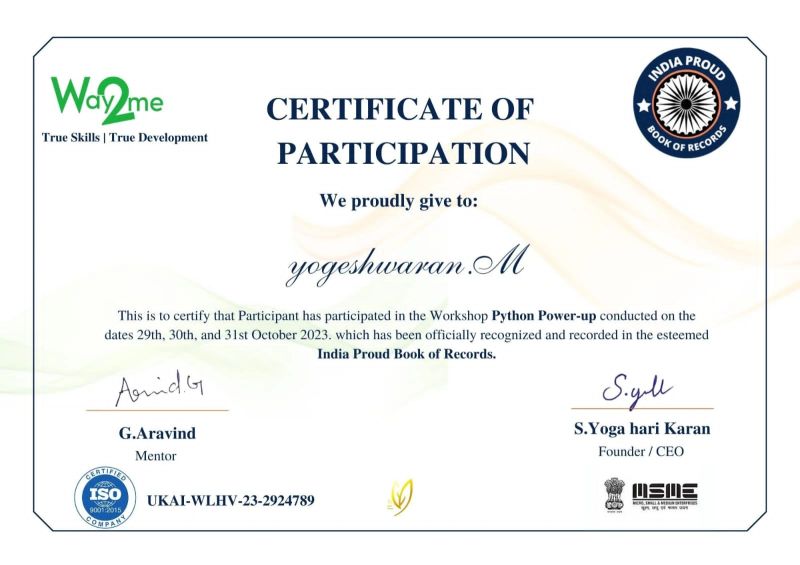 python workshop certificate | YOGESHWARAN. M python workshop certificate | YOGESHWARAN. M