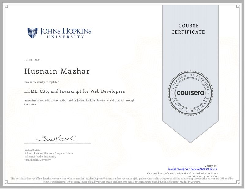 Completed HTML, CSS, JavaScript course at Johns Hopkins | Husnain ... Completed HTML, CSS, JavaScript course at Johns Hopkins | Husnain ...