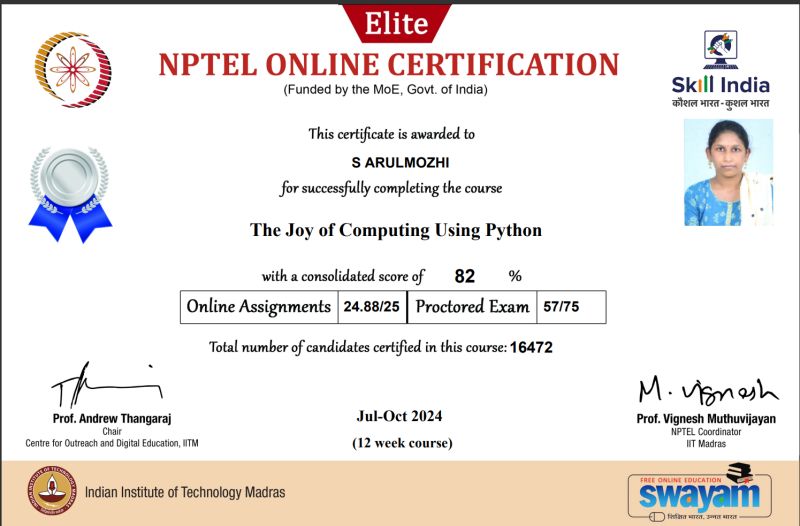 #python #nptel #certificate #careergrowth #joyofcomputing | ARULMOZHI S #python #nptel #certificate #careergrowth #joyofcomputing | ARULMOZHI S