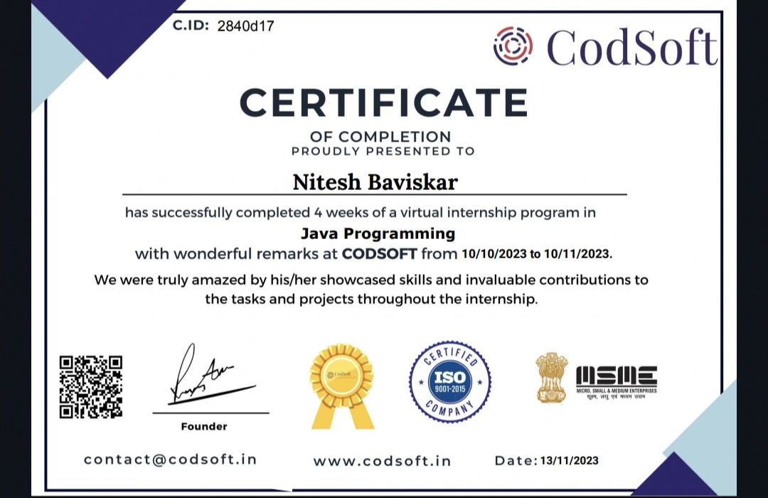 Nitesh Baviskar on LinkedIn: #codsoft #coder #codesoftinternship Nitesh Baviskar on LinkedIn: #codsoft #coder #codesoftinternship