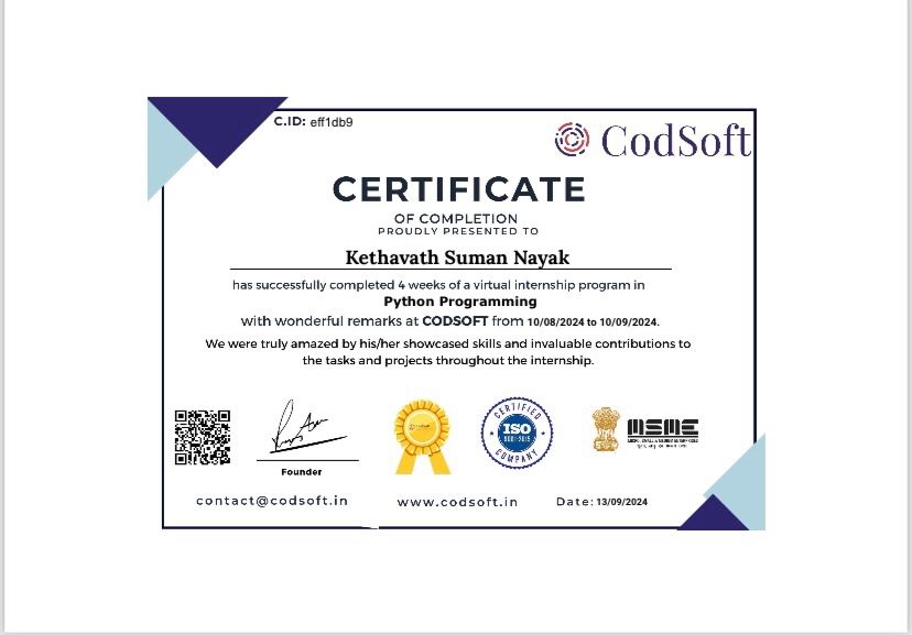 Suman nayak Kethavath on LinkedIn: #codsoft #internship Suman nayak Kethavath on LinkedIn: #codsoft #internship