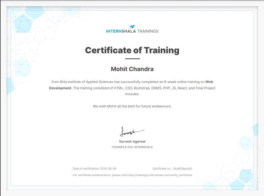 Completed Web Development course with Internshala | Mohit Chandra ... Completed Web Development course with Internshala | Mohit Chandra ...
