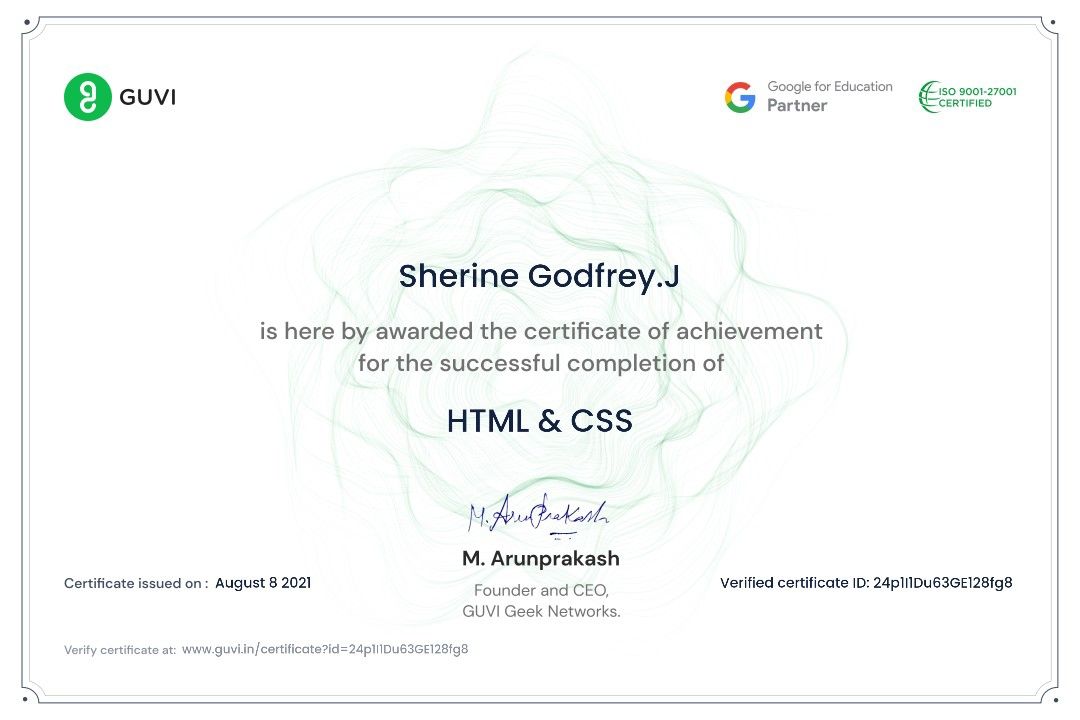 Sherine Godfrey J on LinkedIn: I have learned HTML And CSS and obtained ... Sherine Godfrey J on LinkedIn: I have learned HTML And CSS and obtained ...
