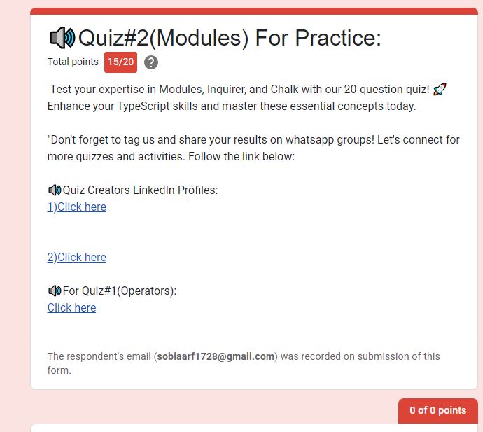 Finished 15/20 on Type Script module test | Sobia Sadiq posted on the ... Finished 15/20 on Type Script module test | Sobia Sadiq posted on the ...