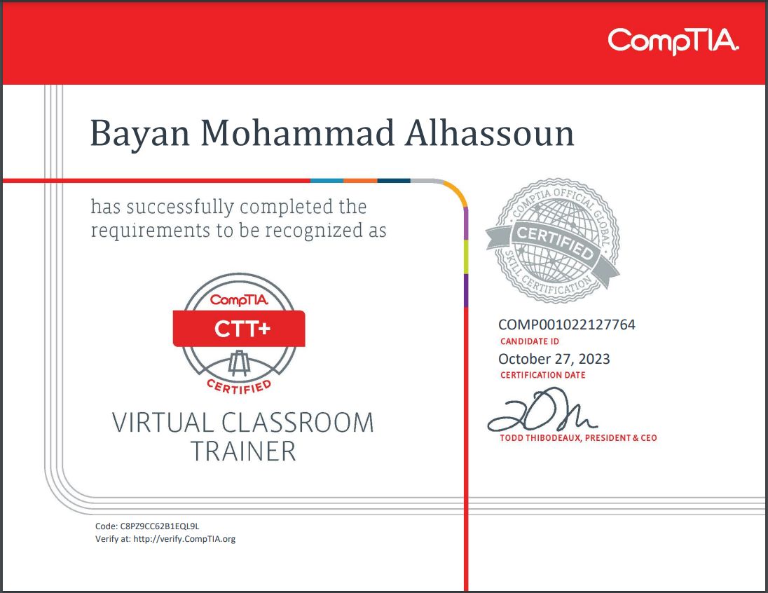Bayan Alhassoun on LinkedIn: #comptia #ctt #virtualclassroomtrainer # ... Bayan Alhassoun on LinkedIn: #comptia #ctt #virtualclassroomtrainer # ...