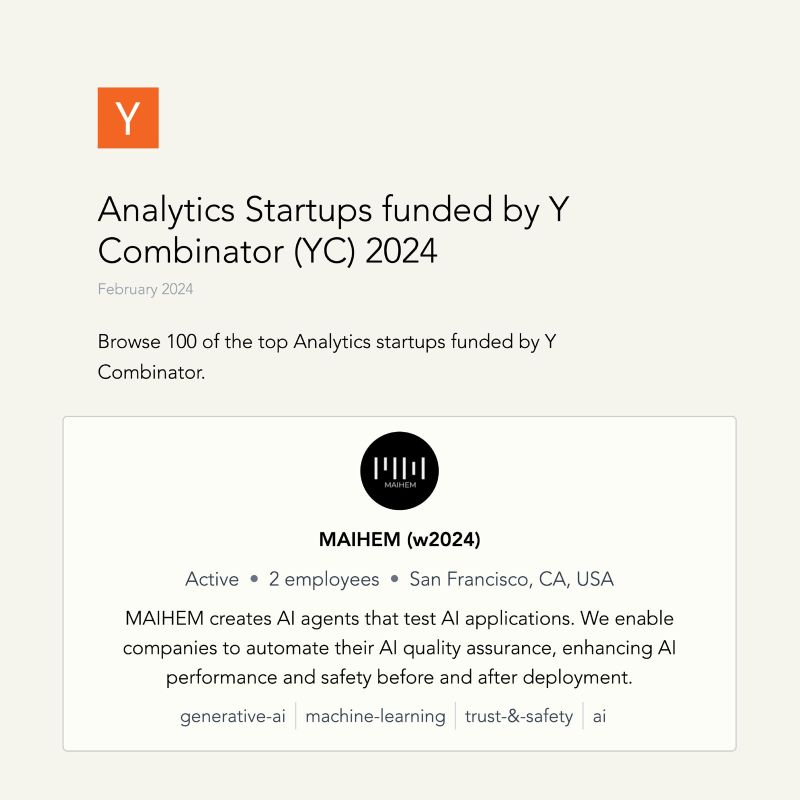 Super proud of our MAIHEM (YC W24) team to have made it among the top ... Super proud of our MAIHEM (YC W24) team to have made it among the top ...