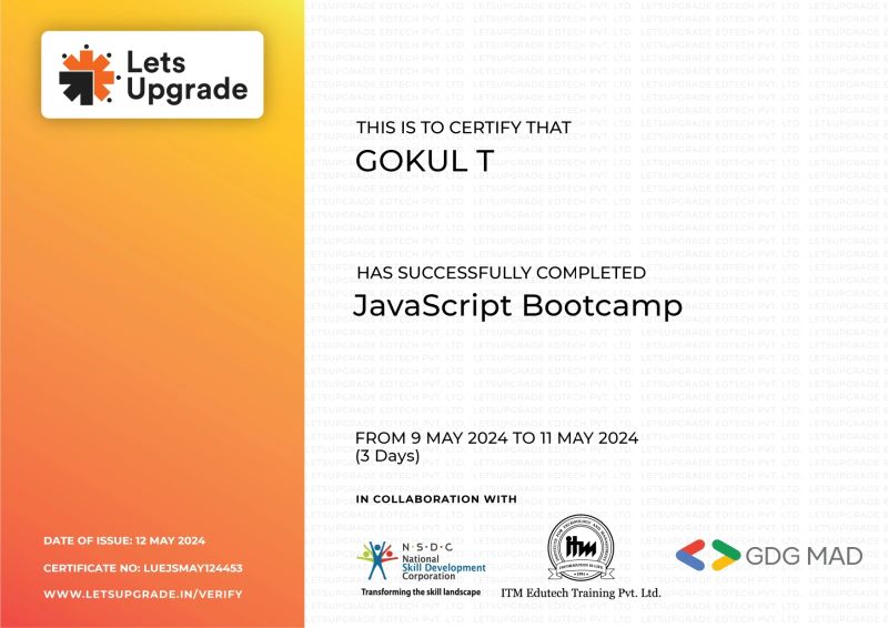 Completed JavaScript bootcamp at Let's Upgrade | GOKUL T posted on the ... Completed JavaScript bootcamp at Let's Upgrade | GOKUL T posted on the ...