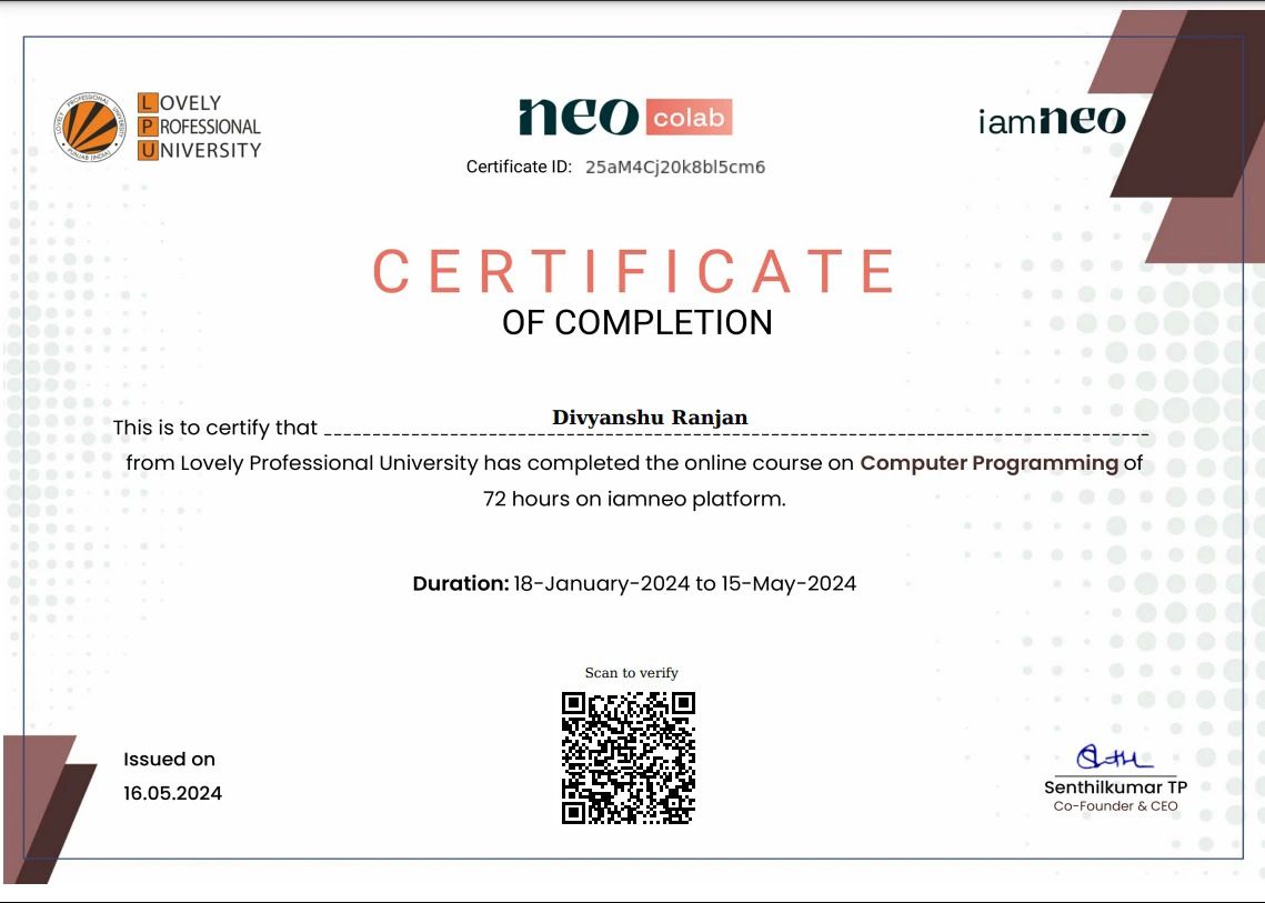 Divyanshu Ranjan on LinkedIn: Completed computer programming course. Divyanshu Ranjan on LinkedIn: Completed computer programming course.