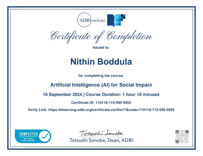 Nithin Boddula on LinkedIn: #aiforsocialgood #adbi #certificateprogram ... Nithin Boddula on LinkedIn: #aiforsocialgood #adbi #certificateprogram ...