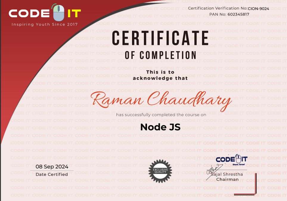 Raman Chaudhary on LinkedIn: i have completed NodeJs with express with ... Raman Chaudhary on LinkedIn: i have completed NodeJs with express with ...