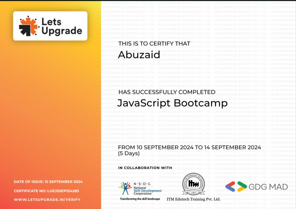 Completed JavaScript bootcamp by LetsUpgrade | Abuzaid posted on the ... Completed JavaScript bootcamp by LetsUpgrade | Abuzaid posted on the ...