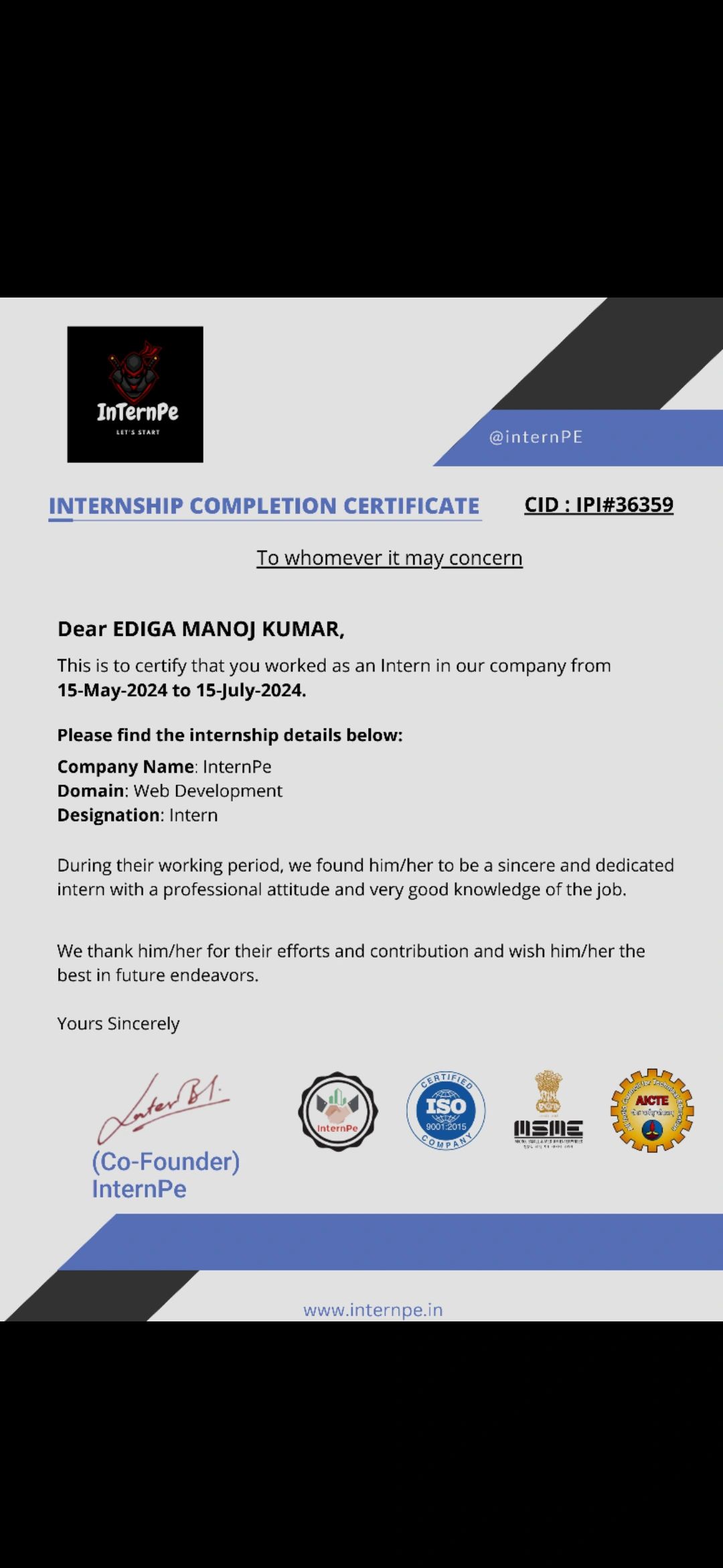 Manoj Kumar Ediga on LinkedIn: internship certification Manoj Kumar Ediga on LinkedIn: internship certification