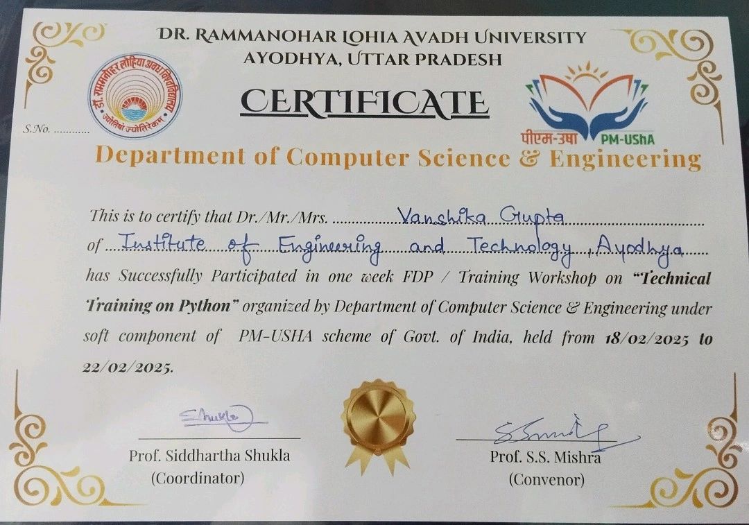 #python #programming #trainning #certificate | Vanshika Gupta #python #programming #trainning #certificate | Vanshika Gupta