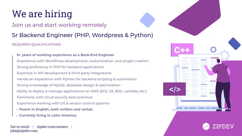 #hiring #backendengineer #php #wordpress #apidevelopment #python #mysql ... #hiring #backendengineer #php #wordpress #apidevelopment #python #mysql ...