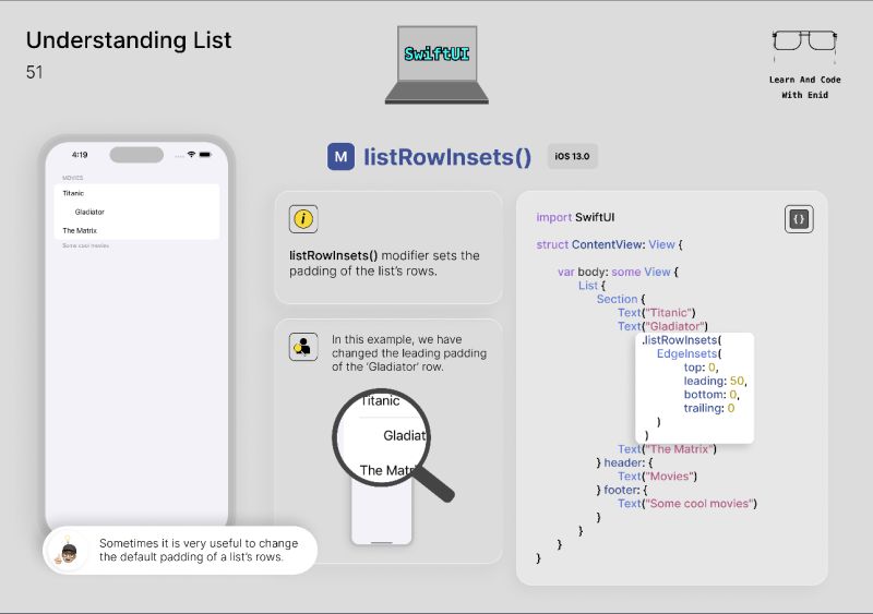 Learn And Code With Enid on LinkedIn: listRowInsets() modifier in ... Learn And Code With Enid on LinkedIn: listRowInsets() modifier in ...