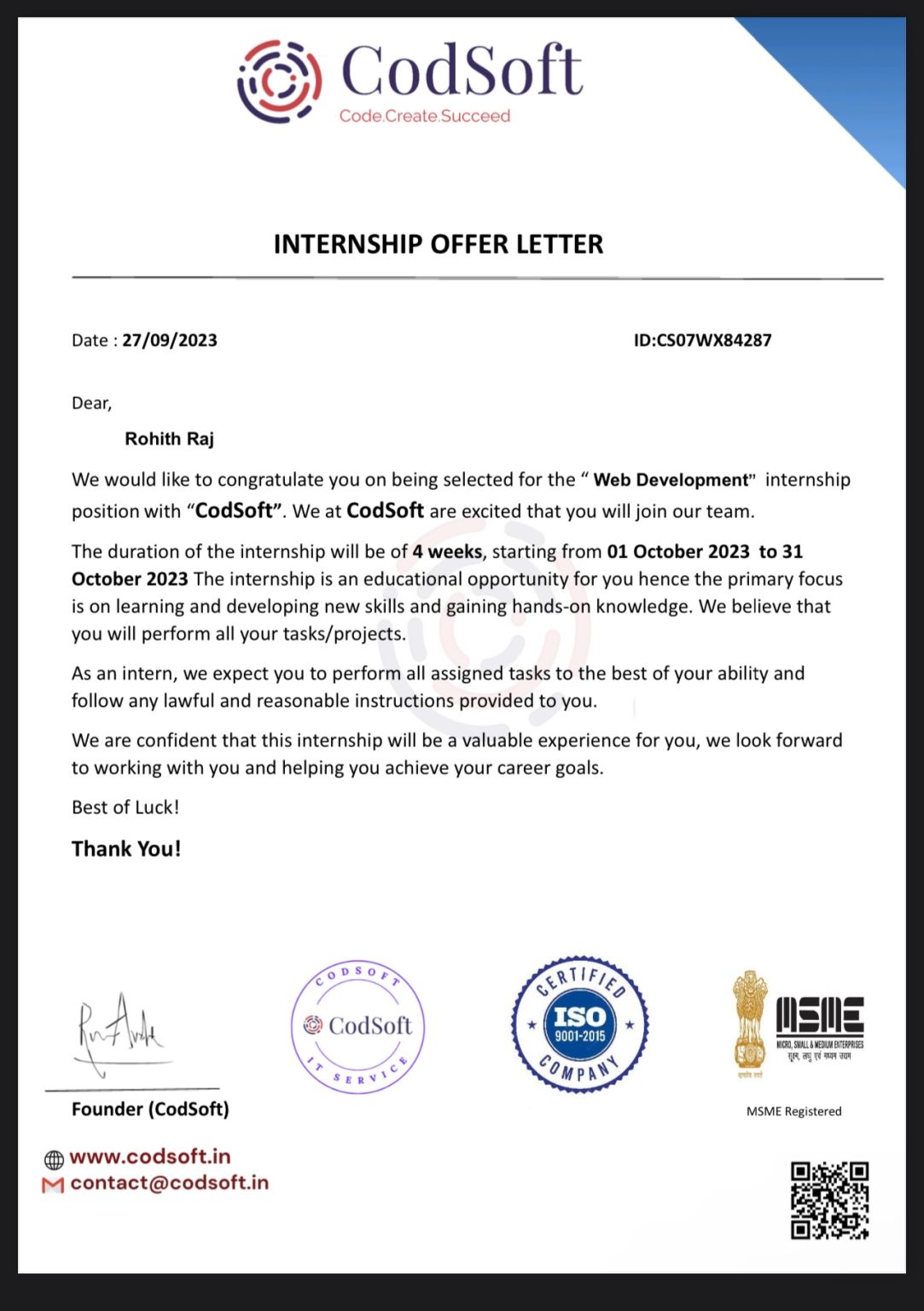 Rohith Raj on LinkedIn: #internship #codsoft #webdevelopment Rohith Raj on LinkedIn: #internship #codsoft #webdevelopment
