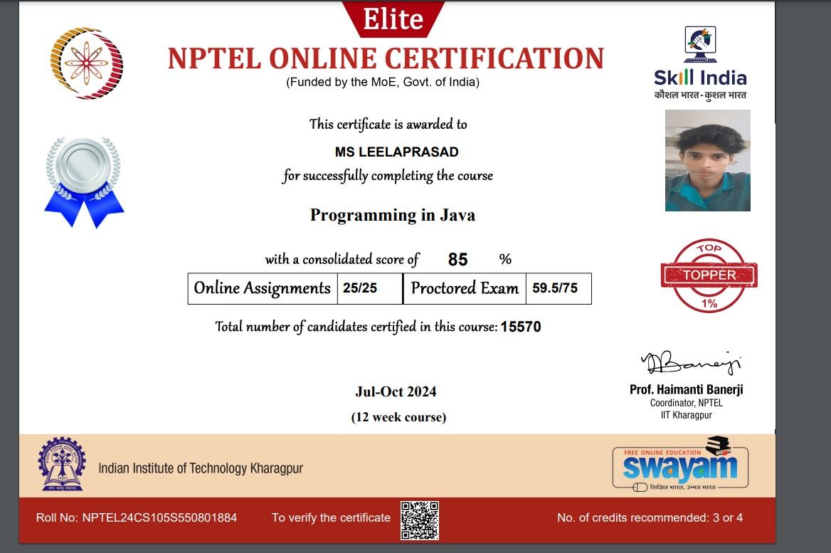 M S Leela prasad on LinkedIn: #nptel #javaprogramming #certification # ... M S Leela prasad on LinkedIn: #nptel #javaprogramming #certification # ...