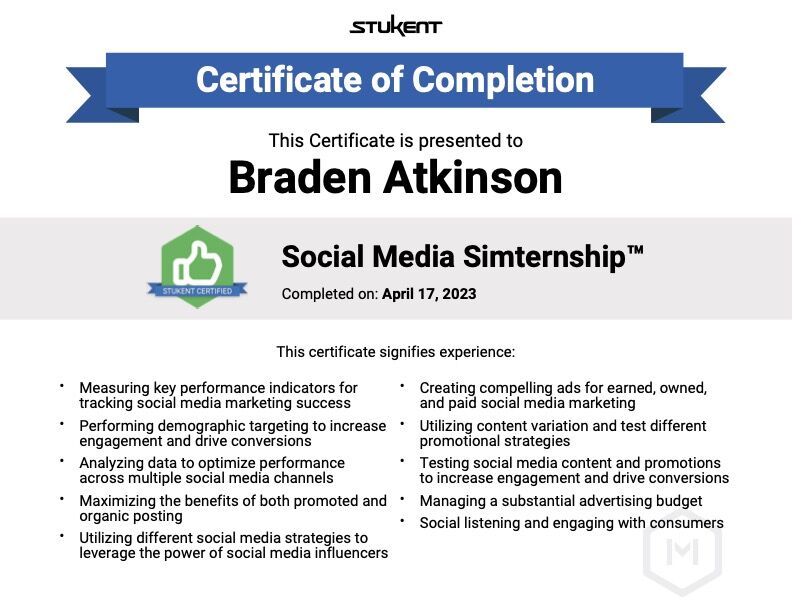 Braden Atkinson on LinkedIn: #socialmedia #certificate Braden Atkinson on LinkedIn: #socialmedia #certificate