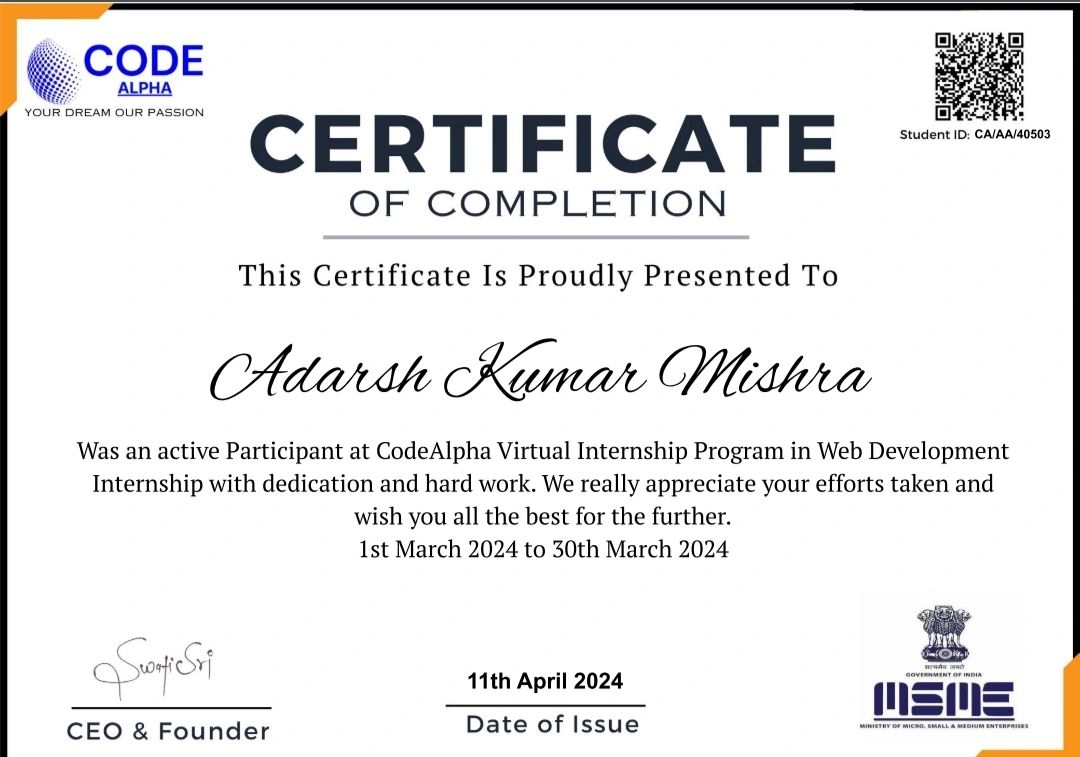 Adarsh Kumar Mishra on LinkedIn: #webdevelopment #internship #codealpha Adarsh Kumar Mishra on LinkedIn: #webdevelopment #internship #codealpha