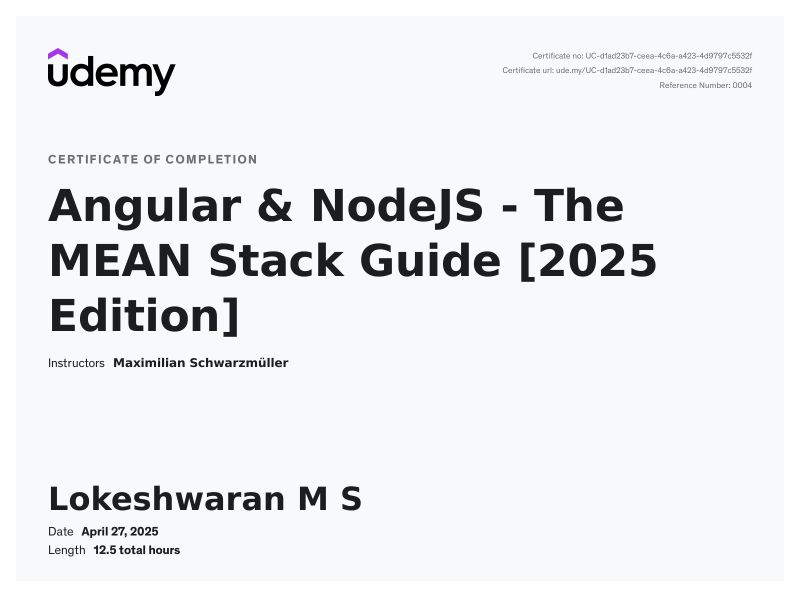 #meanstack #webdevelopment #angular #nodejs #udemy | Lokeshwaran M S #meanstack #webdevelopment #angular #nodejs #udemy | Lokeshwaran M S