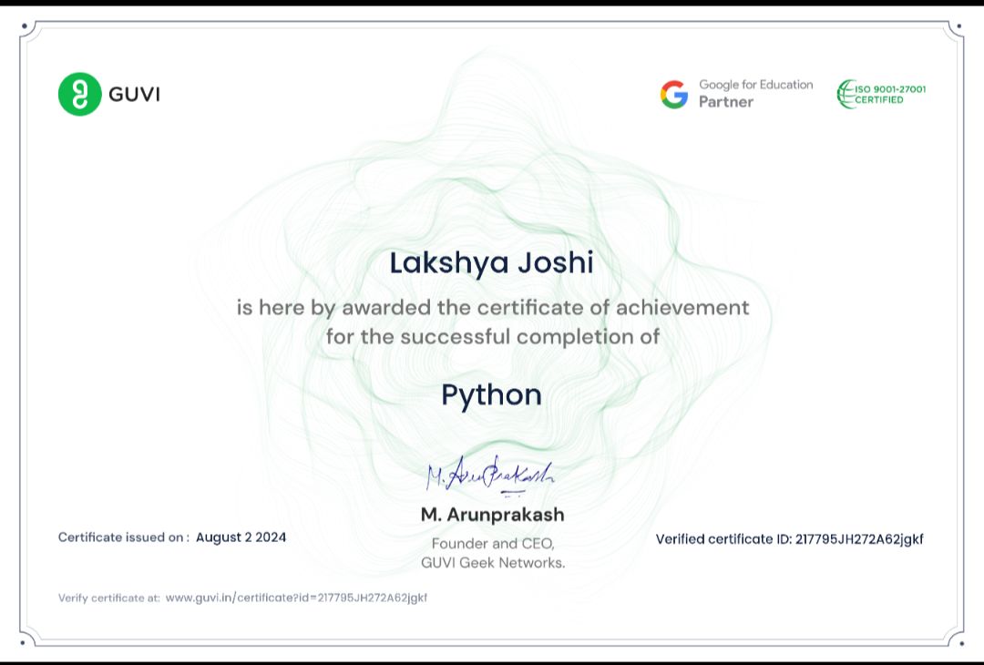 Lakshya Joshi on LinkedIn: #python #certification #programming Lakshya Joshi on LinkedIn: #python #certification #programming