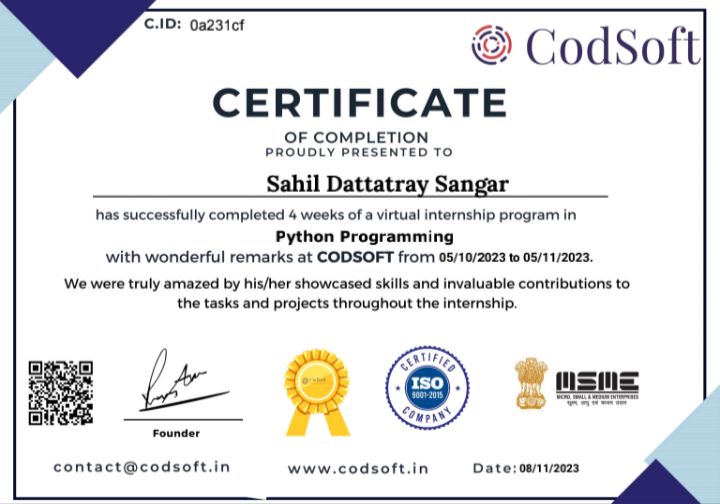 Sahil Sangar on LinkedIn: #codesoft #codesoft #codsoft Sahil Sangar on LinkedIn: #codesoft #codesoft #codsoft