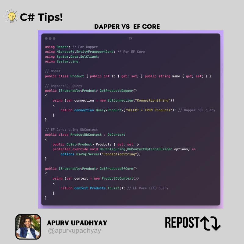 Apurv Upadhyay ☁️ on LinkedIn: #dapper #entityframework #efcore #orm # ... Apurv Upadhyay ☁️ on LinkedIn: #dapper #entityframework #efcore #orm # ...