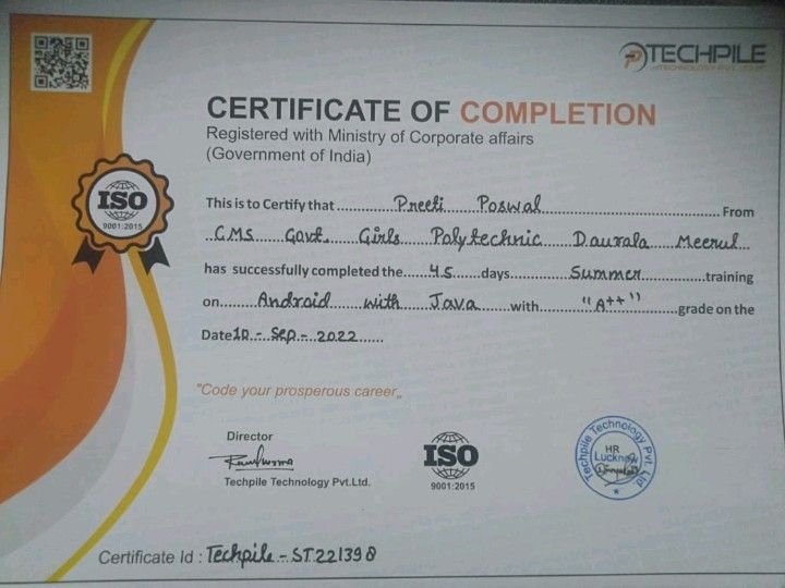 I have successfully completed 45 days Summer training in Techpile ... I have successfully completed 45 days Summer training in Techpile ...