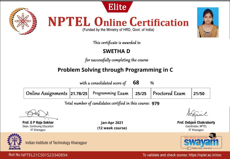 Earned NPTEL certificate for problem solving in C | Swetha D posted on ... Earned NPTEL certificate for problem solving in C | Swetha D posted on ...