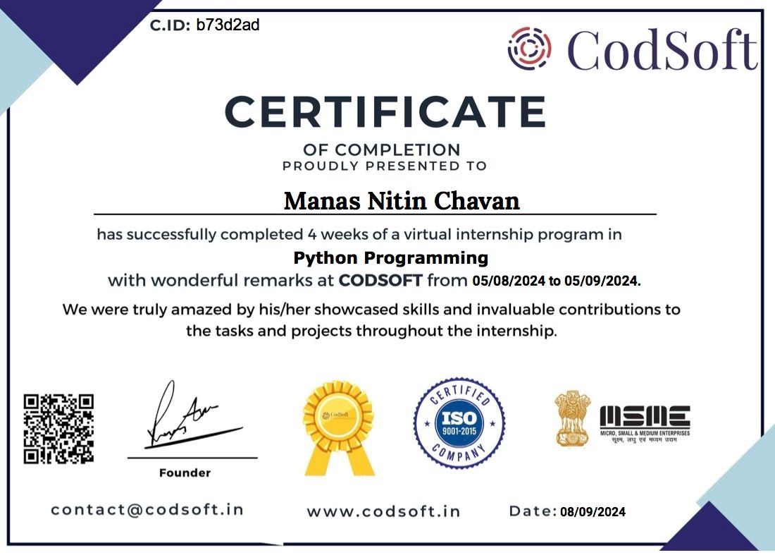 Manas Chavan on LinkedIn: #python #internship #coding # ... Manas Chavan on LinkedIn: #python #internship #coding # ...