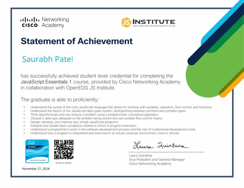 Saurabh Patel on LinkedIn: Another Certificate Of JavaScript Saurabh Patel on LinkedIn: Another Certificate Of JavaScript