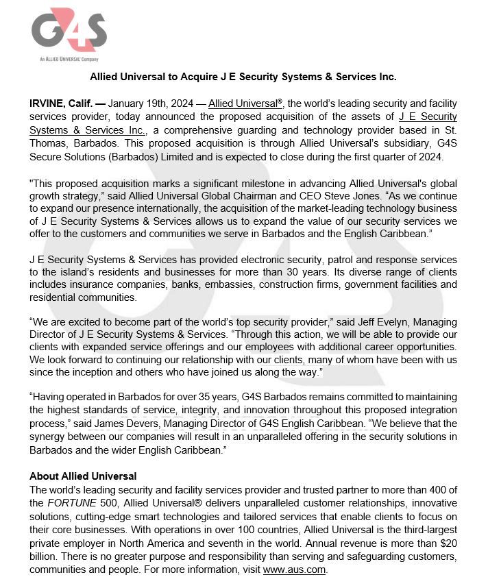 Eddy Esquivel on LinkedIn: Allied Universal to Acquire J E Security ... Eddy Esquivel on LinkedIn: Allied Universal to Acquire J E Security ...