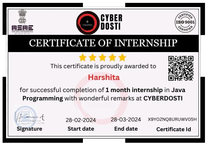 #java #internship #cyberdosti #programmingskills | Harshita budhiraja #java #internship #cyberdosti #programmingskills | Harshita budhiraja