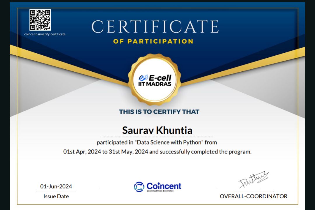 saurav khuntia on LinkedIn: Successfully completed Data science with ... saurav khuntia on LinkedIn: Successfully completed Data science with ...