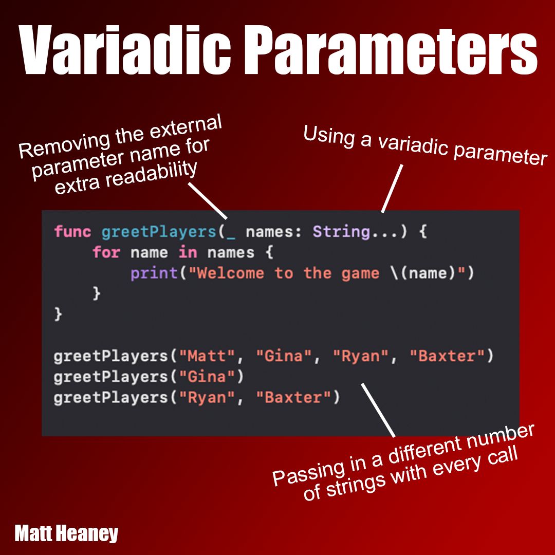 How to use variadic parameters in Swift | Matt Heaney posted on the ... How to use variadic parameters in Swift | Matt Heaney posted on the ...