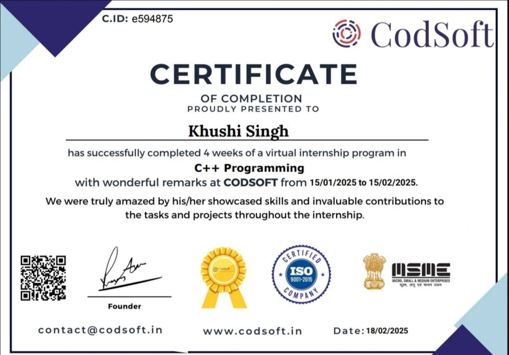 Khushi Singh on LinkedIn: #internship #cplusplus #codsoft # ... Khushi Singh on LinkedIn: #internship #cplusplus #codsoft # ...