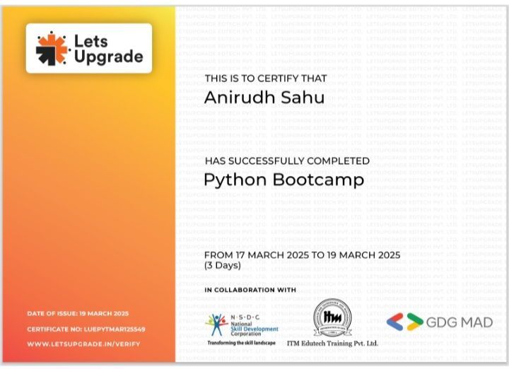🚀 Achieved a Milestone in Python Programming! | Anirudh Sahu 🚀 Achieved a Milestone in Python Programming! | Anirudh Sahu