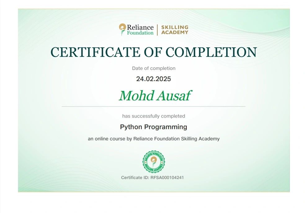 successfully completed python programming | Mohd Ausaf successfully completed python programming | Mohd Ausaf