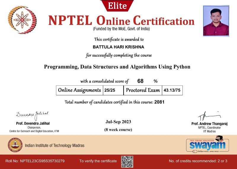 #nptel #datastructures #algorithms #certification | Hari Krishna Battula #nptel #datastructures #algorithms #certification | Hari Krishna Battula