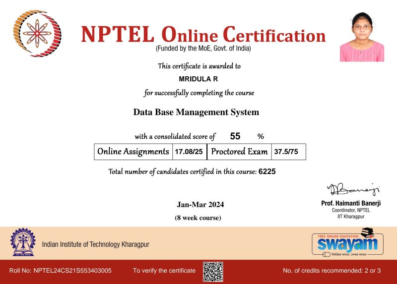 Mridula Ramesh Kumar on LinkedIn: #nptel #dbms #course #certification Mridula Ramesh Kumar on LinkedIn: #nptel #dbms #course #certification