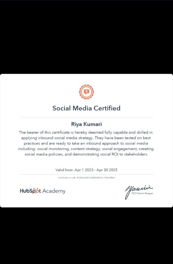 Riya Mishra on LinkedIn: Social media certificate Hobspot Academy Riya Mishra on LinkedIn: Social media certificate Hobspot Academy
