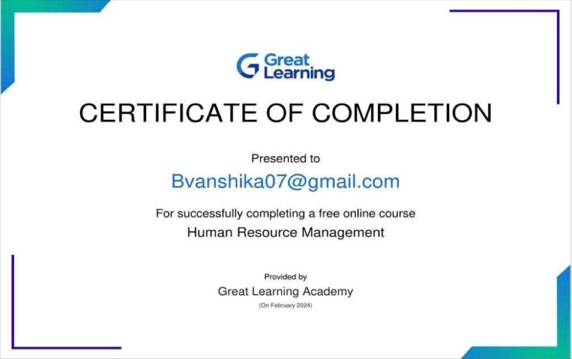 Completed Human Resource Management course by Great Learning | Vanshika ... Completed Human Resource Management course by Great Learning | Vanshika ...