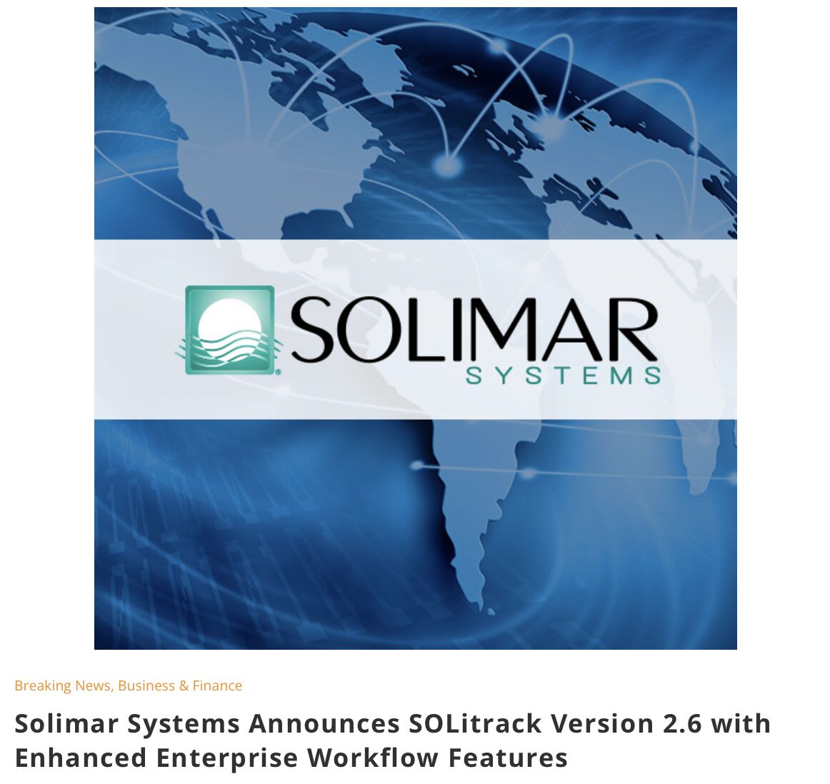 Solimar Systems, Inc. announced the release of SOLitrack v2.6 ... Solimar Systems, Inc. announced the release of SOLitrack v2.6 ...