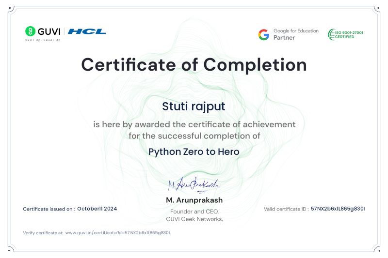 GUVI, HCL PYTHON COURSE completion certificate | Stuti Rajput GUVI, HCL PYTHON COURSE completion certificate | Stuti Rajput