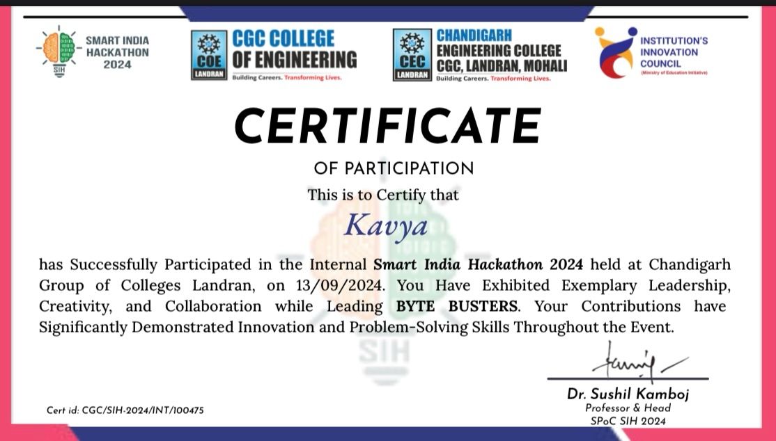 Thrilled to have participated in the Smart India Hackathon (SIH) 2024 ... Thrilled to have participated in the Smart India Hackathon (SIH) 2024 ...